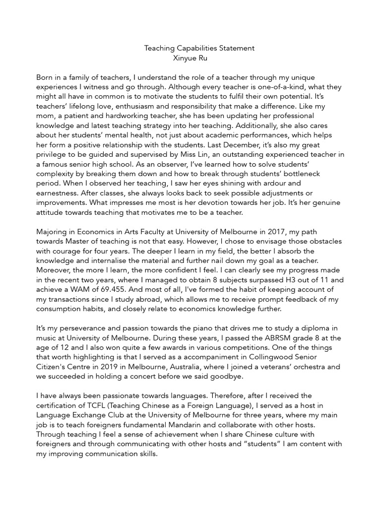 Teaching Capabilities Statement Overview | PDF | Teachers | Thought