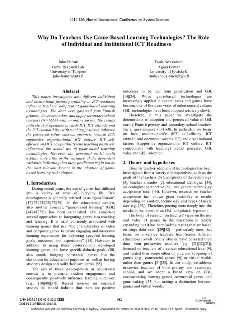 Why Do Teachers Use Game-Based Learning Technologies The Role of ... Why Do Teachers Use Game-Based Learning Technologies The Role of ...