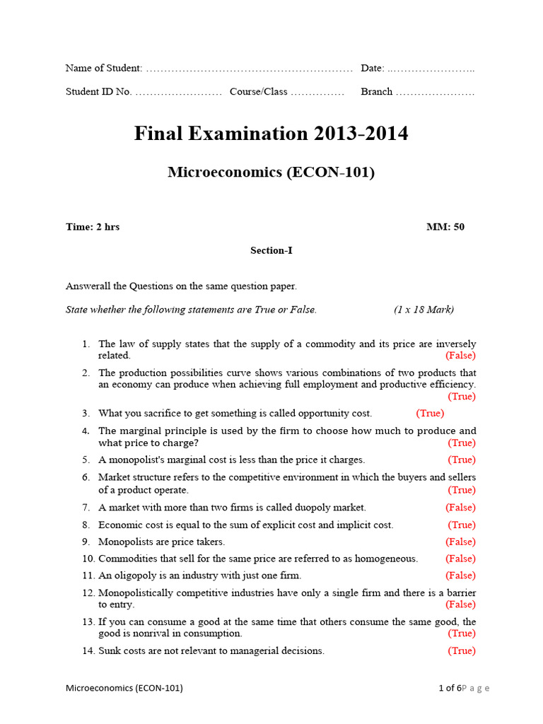 Microeconomics (ECON-101) - Final Examination 2013 - 2014-1 | PDF | Demand | Microeconomics