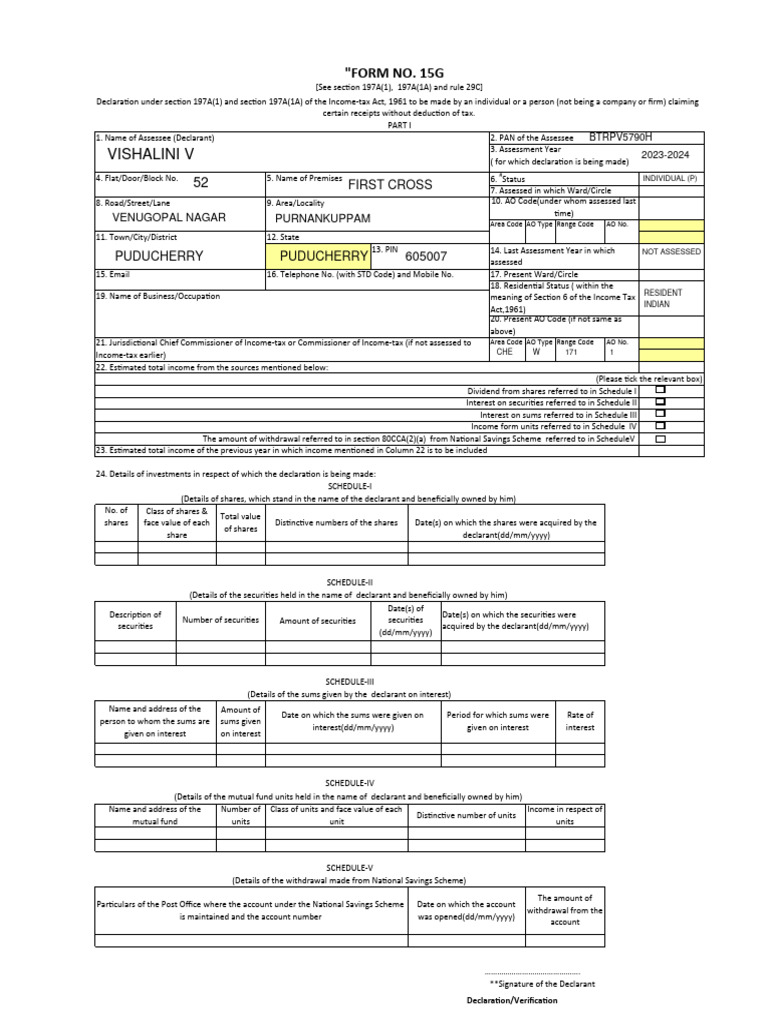 Form 15 G | PDF | Income Tax | Interest