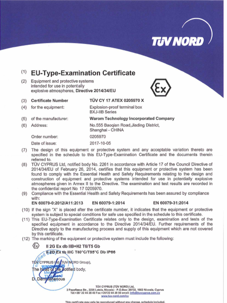 BXJ-IIB (压铸) Certificate TUV CY ATEX 0205970X | PDF