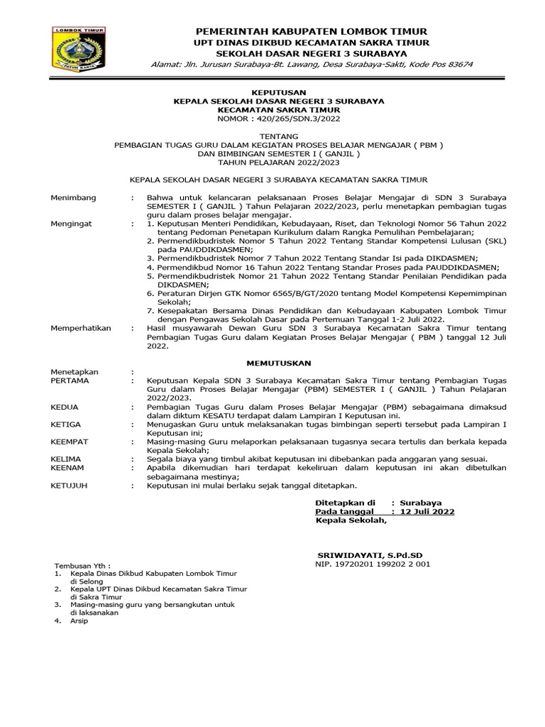 SK Pembagian Tugas PBM 2022-2023 - Genap | PDF