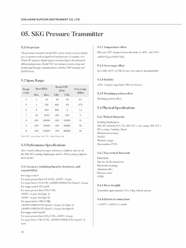 SKG Pressure Transmitter Catalog | PDF