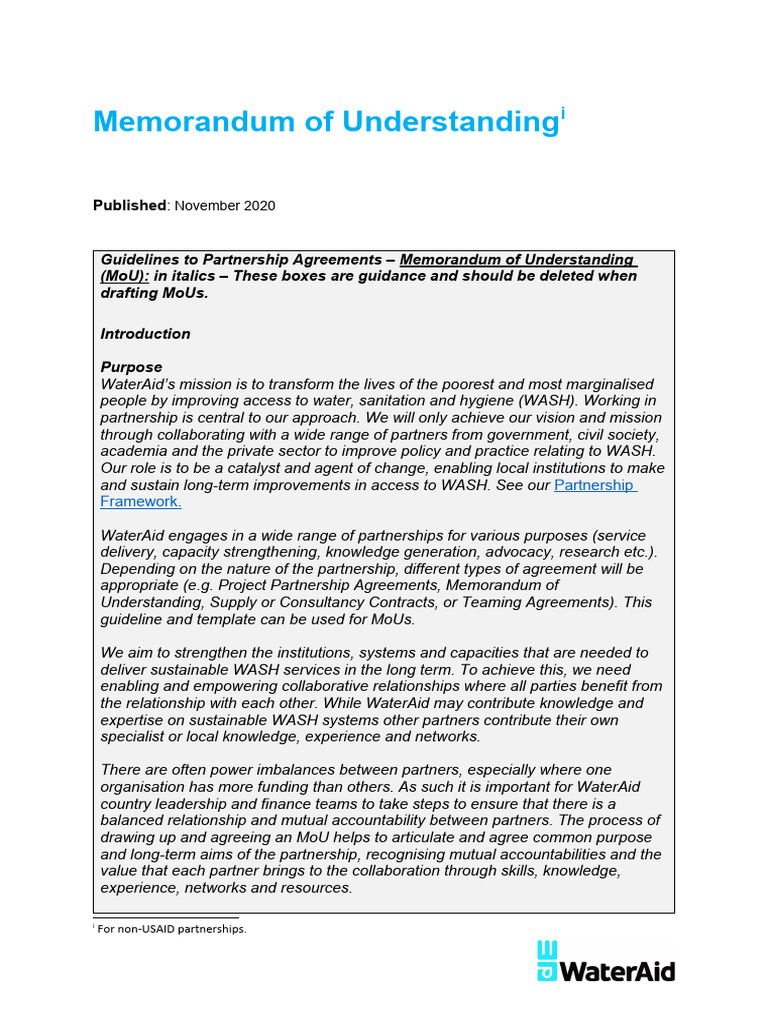 Partnership MoU Guidelines for WASH | PDF | Wash | Memorandum Of ...
