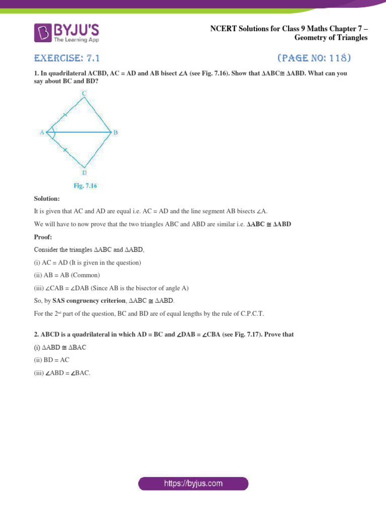 NCERT Solutions For Class 9 Maths Chapter 7 Geometry of Triangles ...