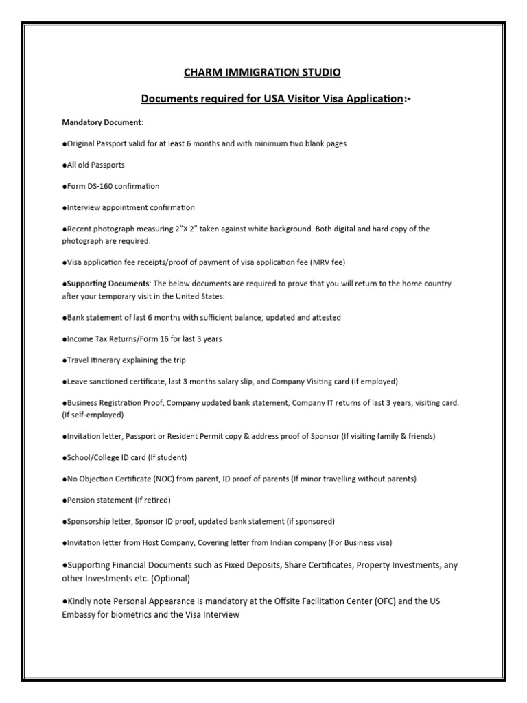 USA VISITOR VISA CHECKLIST | PDF