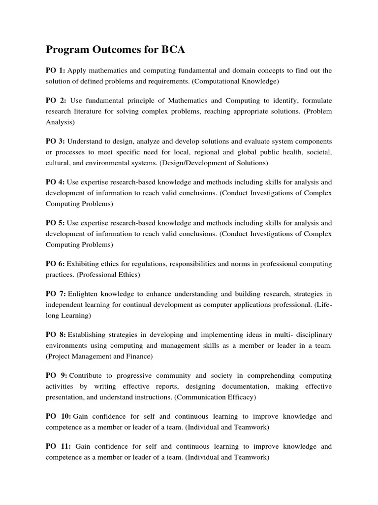 BCA Program Outcomes Program Specific Outcomes and Course Outcomes ...