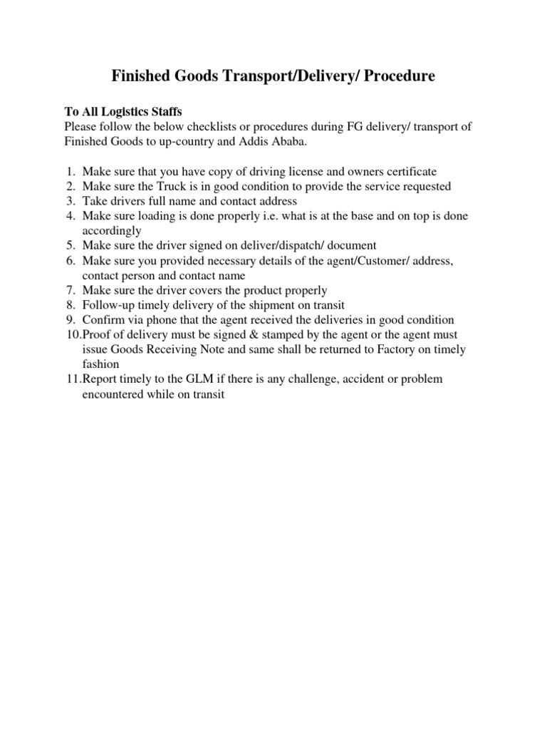Finished Goods Delivery Procedures | PDF