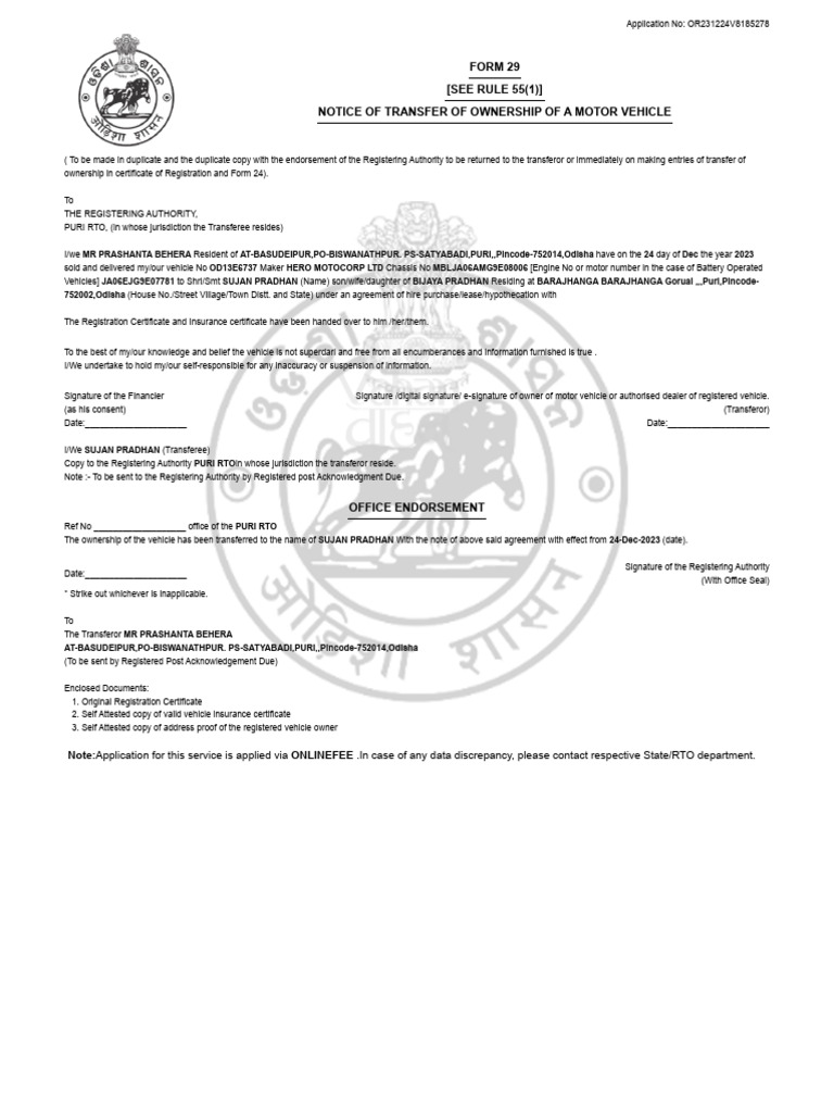 Form 29 (SEE RULE 55 (1) ) Notice of Transfer of Ownership of A Motor Vehicle | PDF | Vehicles ...