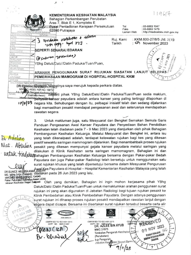 Arahan Penggunaan Surat Rujukan Siasatan Lanjut Selepas Pemeriksaan Mamogram Di Hospital KKM | PDF