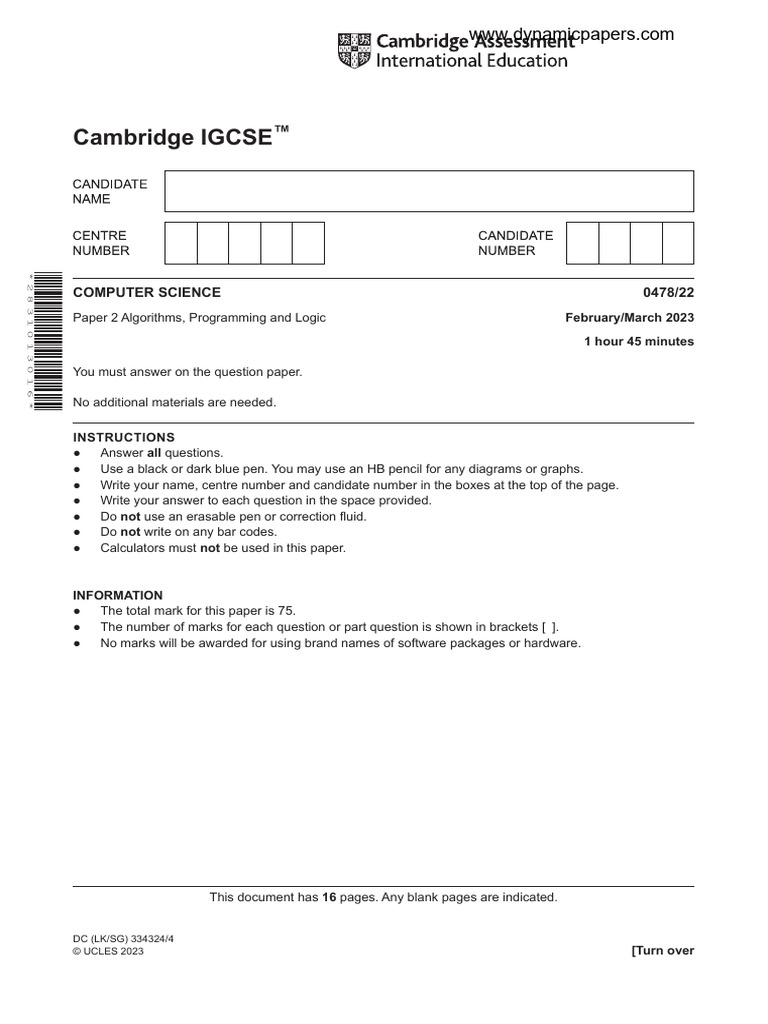 Cambridge IGCSE: Computer Science 0478/22 | PDF