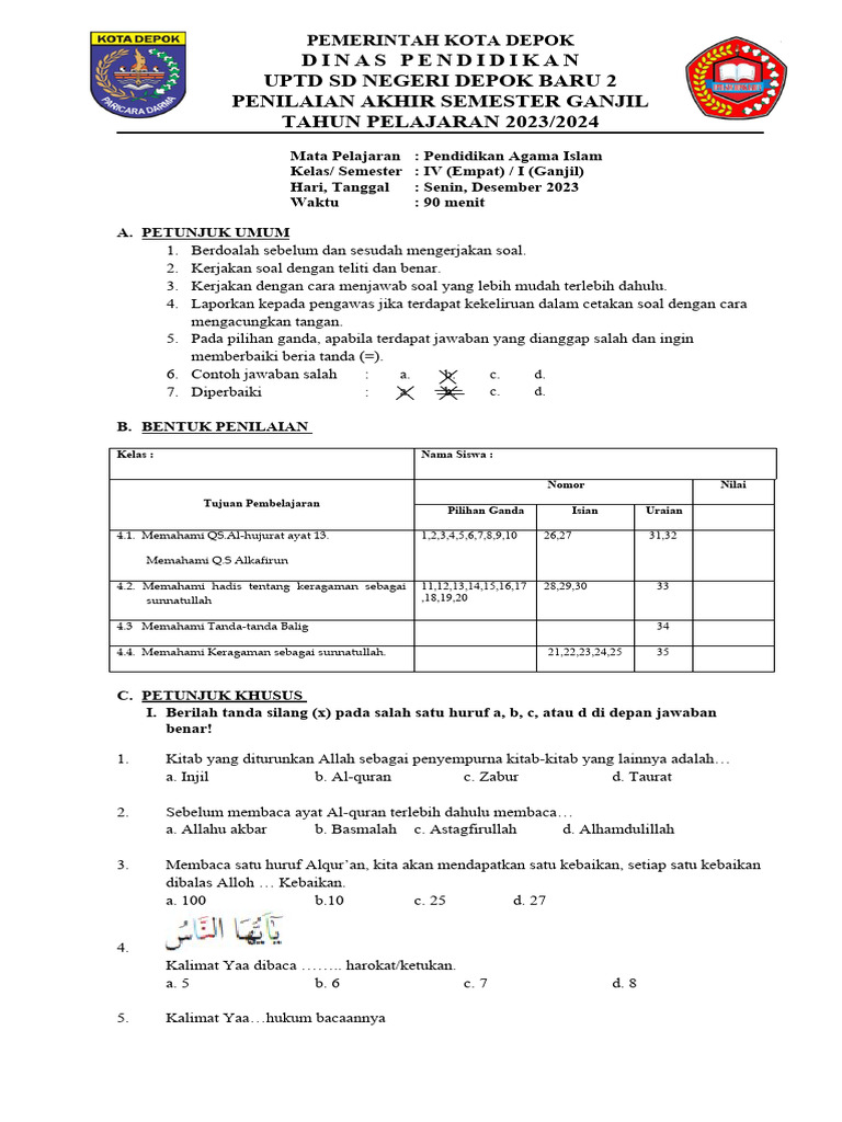 Soal Pas Ganjil 2023-2024 Kelas 4 | PDF | Agama & Spiritualitas