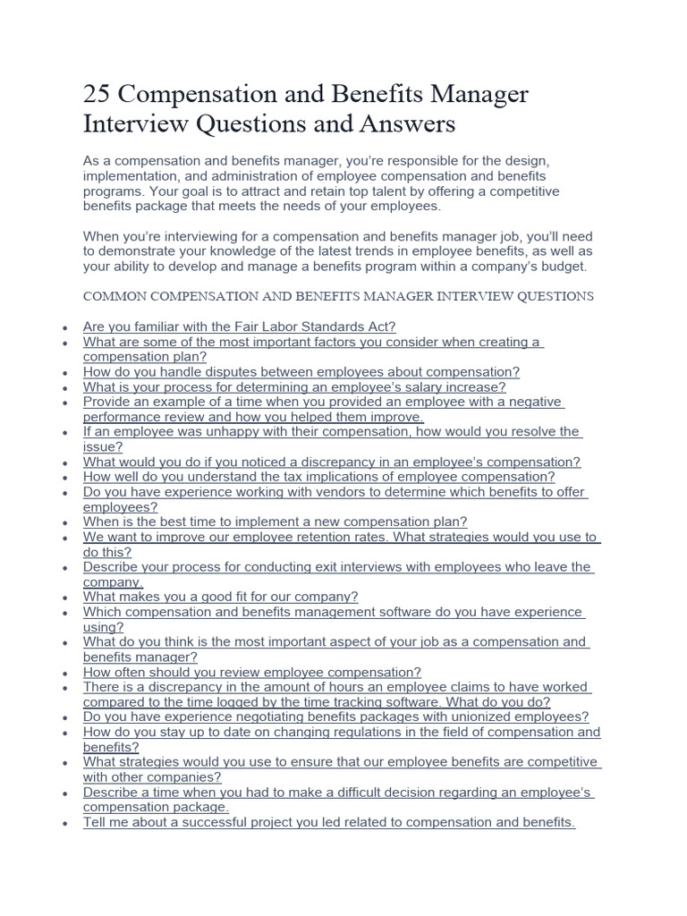 25 Compensation and Benefits Manager Interview Questions and Answers ...