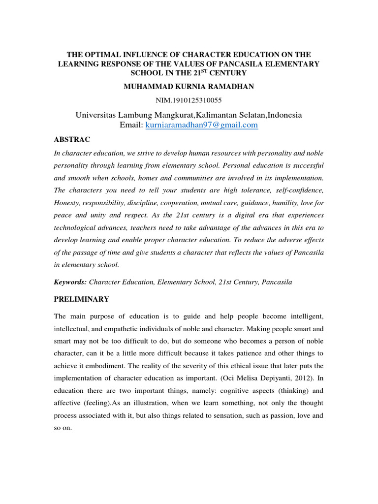 The Optimal Influence of Character Education On The Learning Response of The Values of Pancasila ...