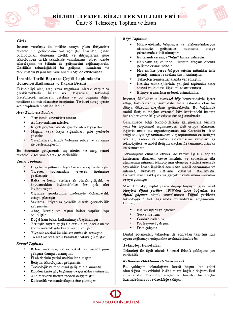 Temel Bilgi Teknolojileri 8 Ünite Özet | PDF