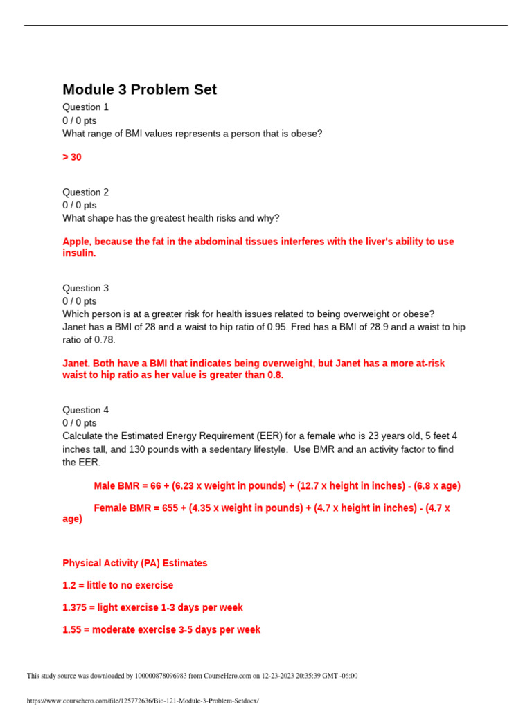 Bio 121 Module 3 Problem Set | PDF | Obesity | Body Mass Index