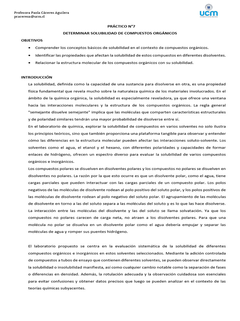 Guía N7-Laboratorio Solubilidad de Compuestos Orgánicos BCB-123 | PDF | Polaridad química ...