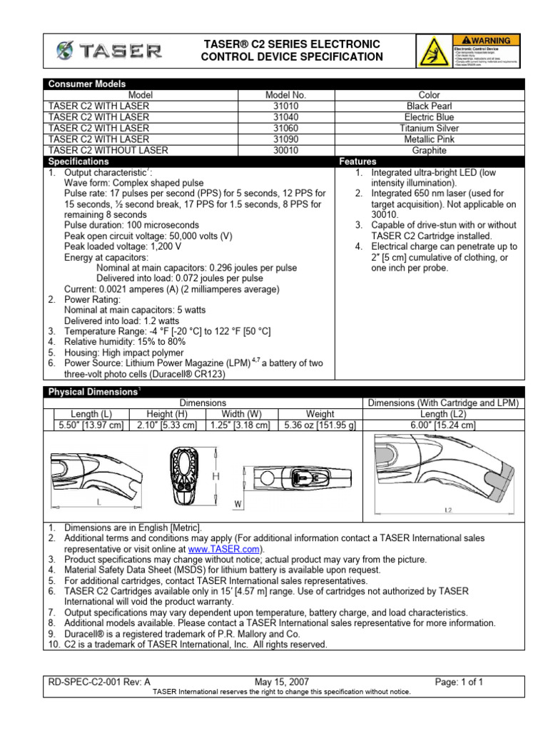 Taser c2 Specs | PDF | Capacitor | Laser