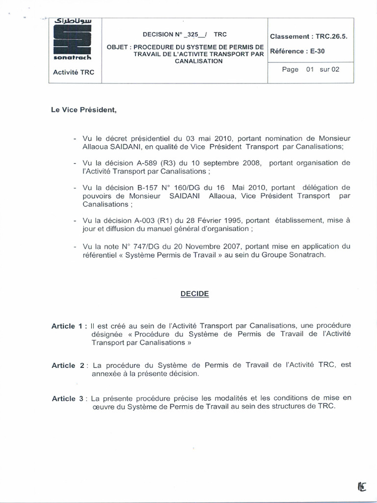 E-30 Procédure Du Système Du Permis de Travail de TRC | PDF