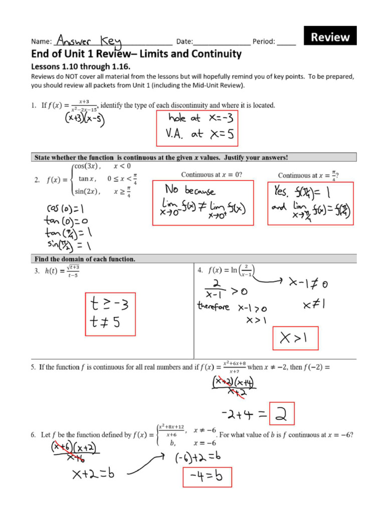 Calc End-Of-Unit 1 Review Solutions | PDF