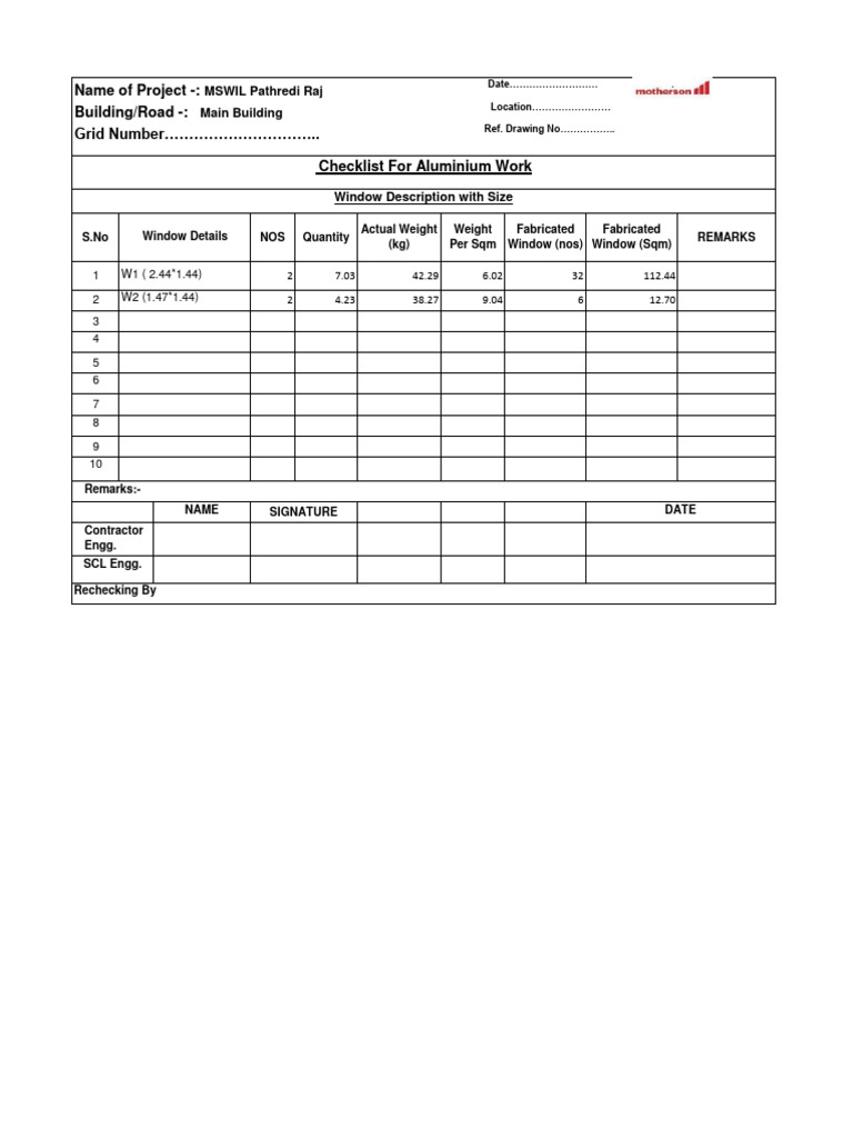 Aluminium Check List | PDF | Technology & Engineering
