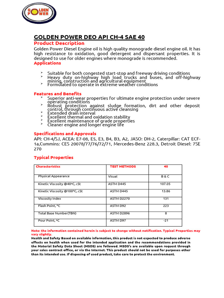 Golden Power Deo Api CH-4 Sae 40 TDS | PDF | Motor Oil | Physical Sciences