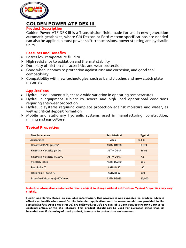 Golden Power ATF DEX III TDS | PDF | Materials | Physical Sciences