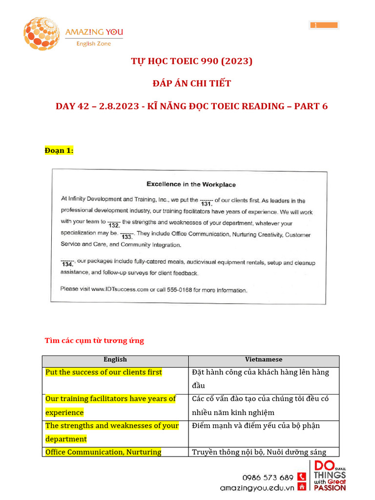 Đáp Án Chi Tiết - Day 42 - 2.8 - ToEIC Reading Part 6 | PDF