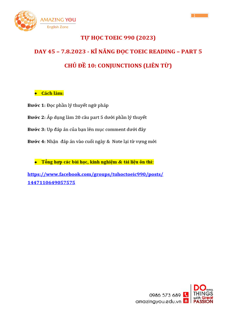 Tự Học TOEIC 990 - Day 45 - 7.8 - ToEIC Reading Part 5 (Liên Từ) | PDF