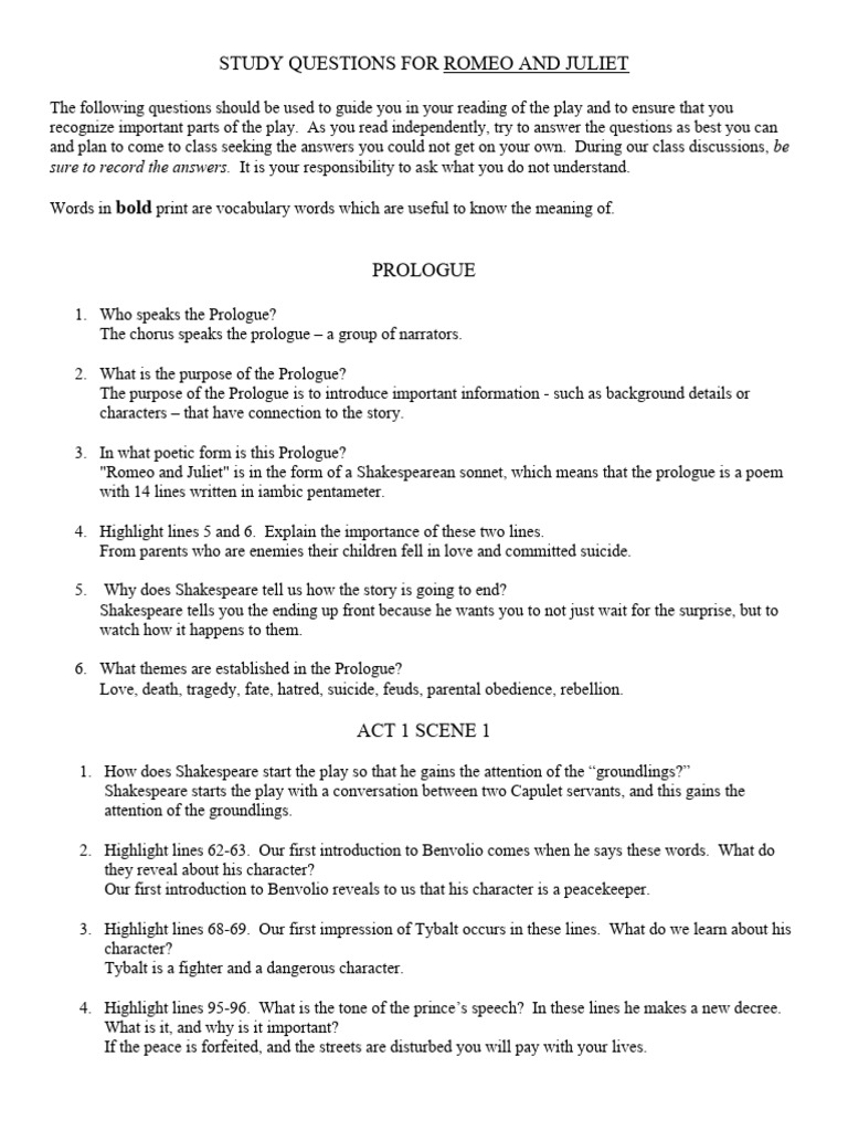 Compehension Questions | PDF | Characters In Romeo And Juliet | Romeo ...