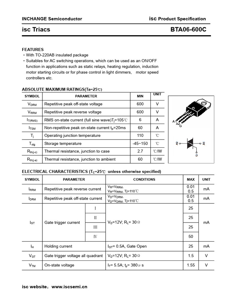 Inchange - Semiconductor BTA06 600C Datasheet | PDF