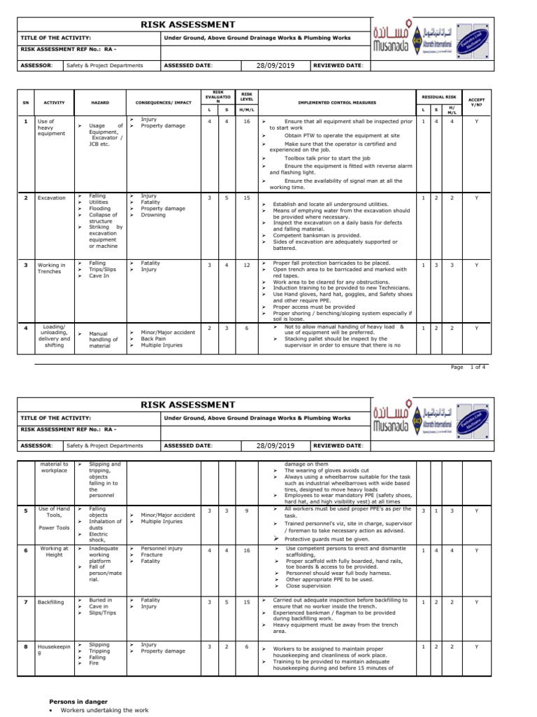 Drainage Works Risk Assessment Guide | PDF | Risk | Personal Protective ...