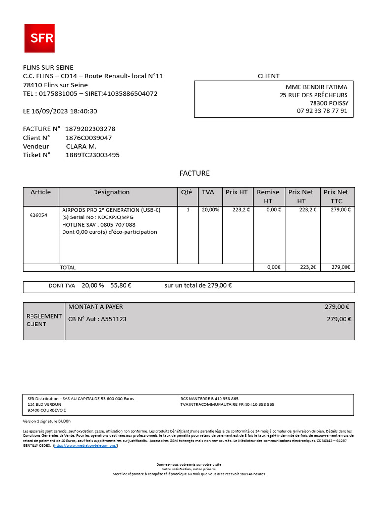 Facture SFR Airpods Pro 2 Generation (Usb C) | PDF | Taxe sur la valeur ...