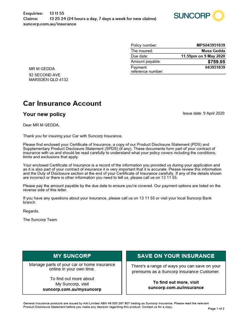 Suncorp Car New Policy Account MPS043951839 | PDF | Debit Card | Cheque