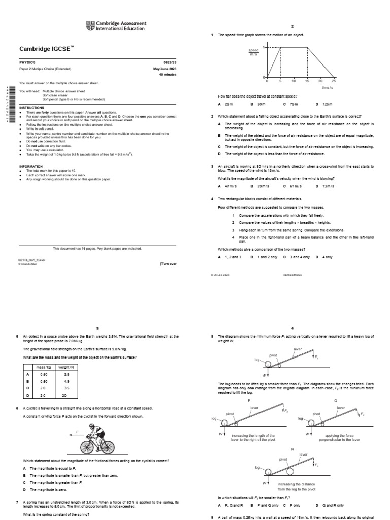 Past Papers IGCSE 2023 23 | PDF | Force | Lever