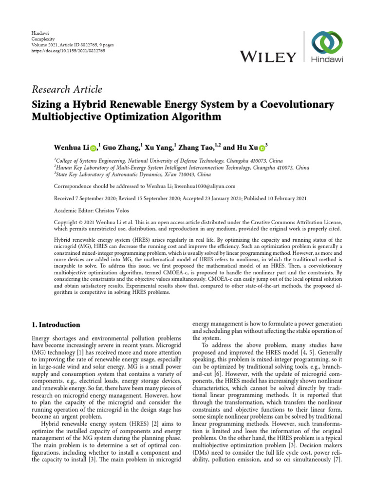 Research Article Sizing A Hybrid Renewable Energy System By A Coevolutionary Multiobjective