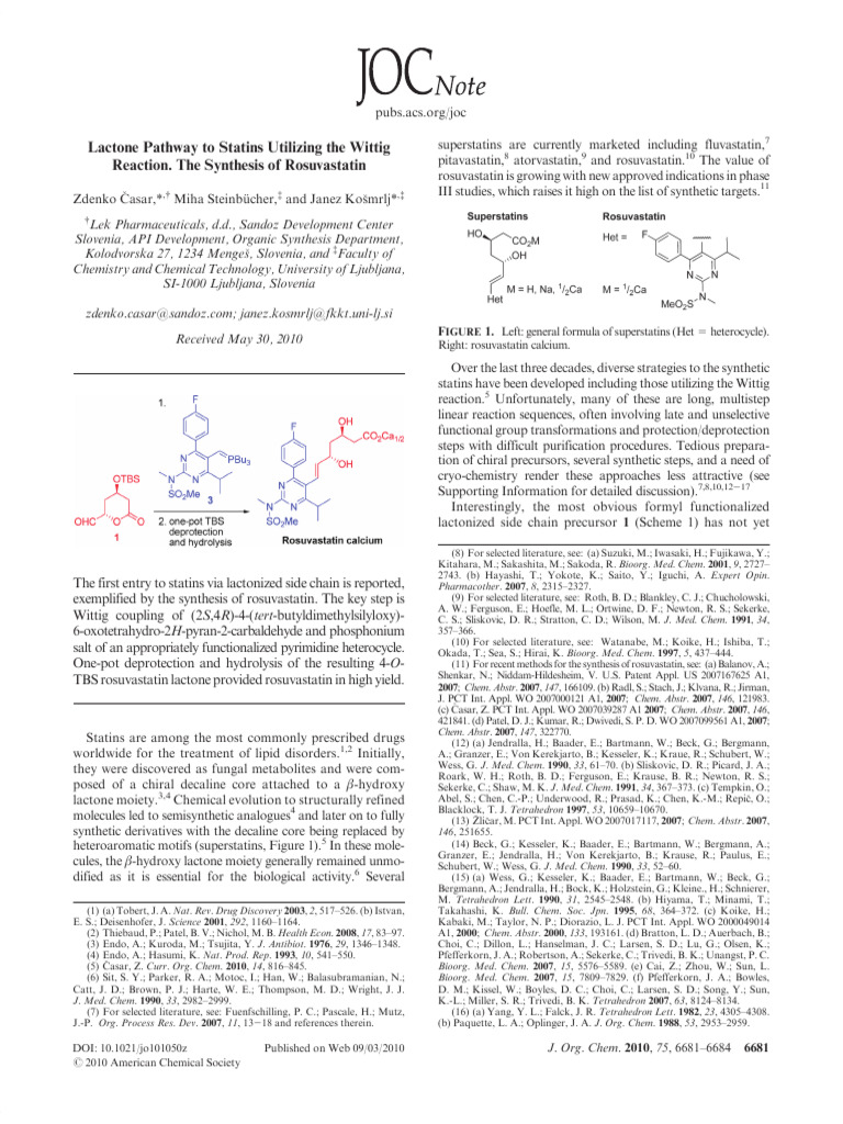 Lactone Pathway To Statins Utilizing The Wittig Reaction. The Synthesis of Rosuvastatin | PDF ...