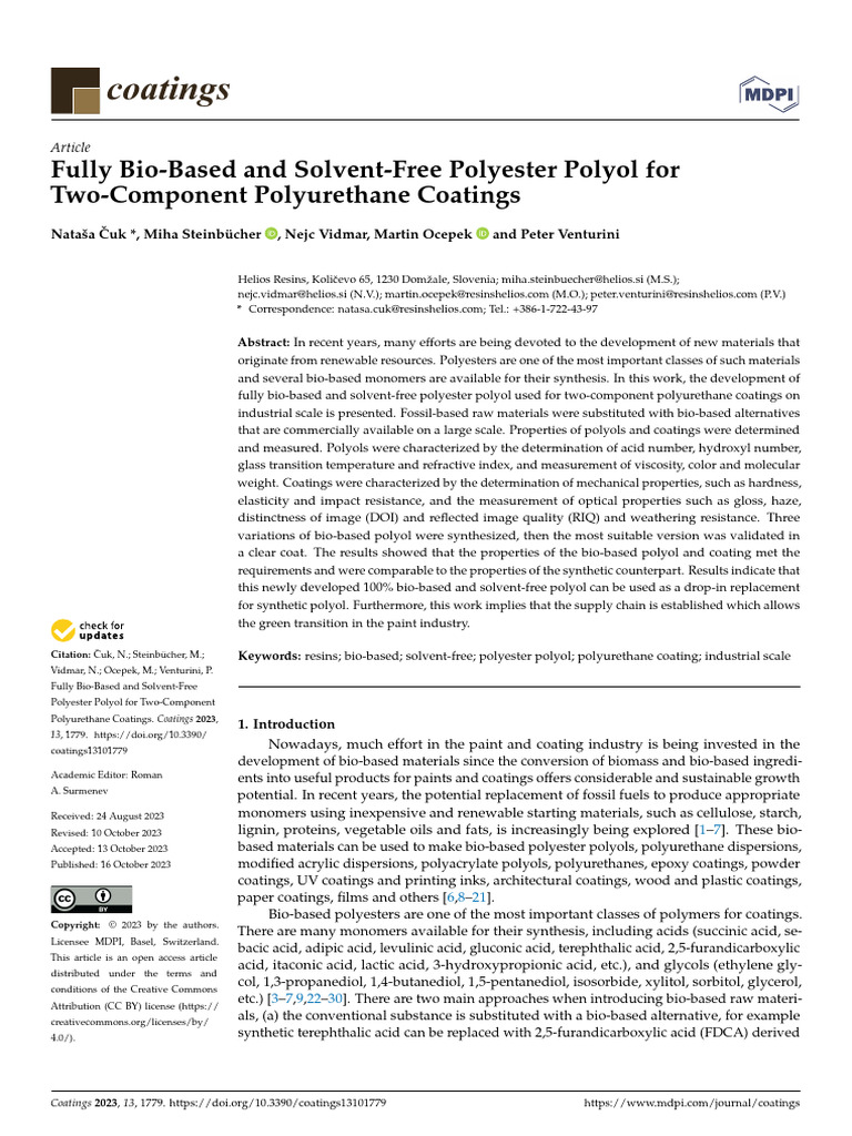 Fully Bio-Based and Solvent-Free Polyester Polyol For Two-Component Polyurethane Coatings | PDF ...