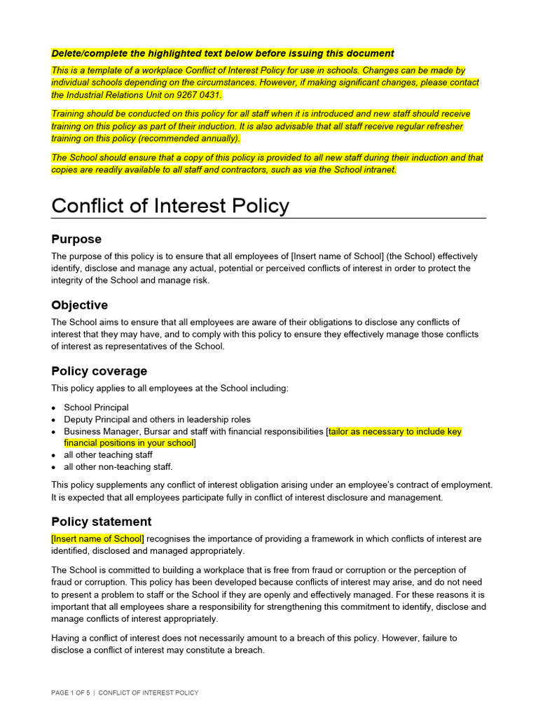 Conflict of Interest Policy Template | PDF | Conflict Of Interest | Employment