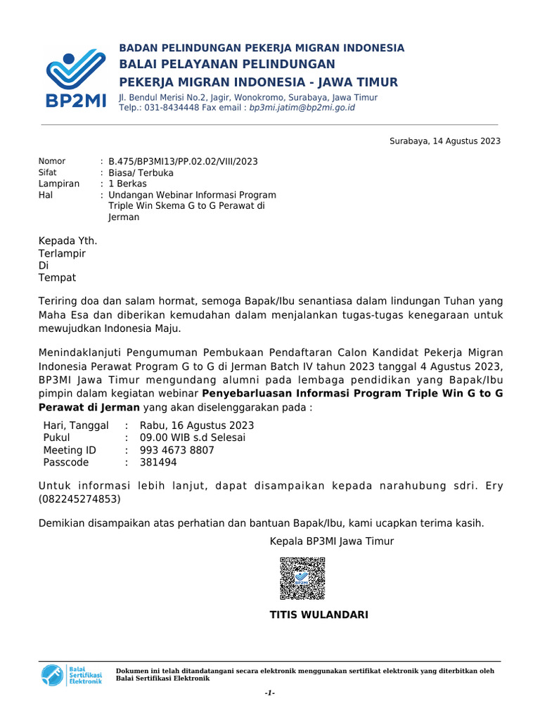 Undangan Webinar Informasi Program Triple Win Skema G To G Perawat Di Jerman | PDF