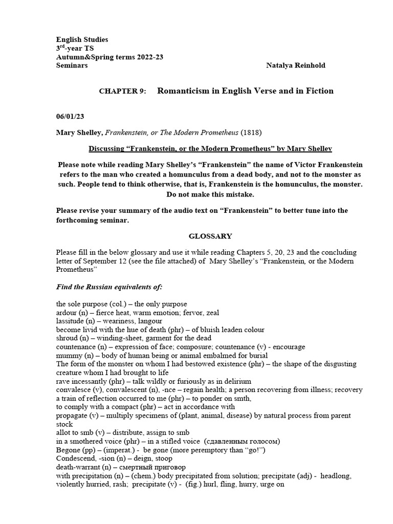 06 01 23 Mary Shelley Frankestein The Worksheet | PDF | Frankenstein