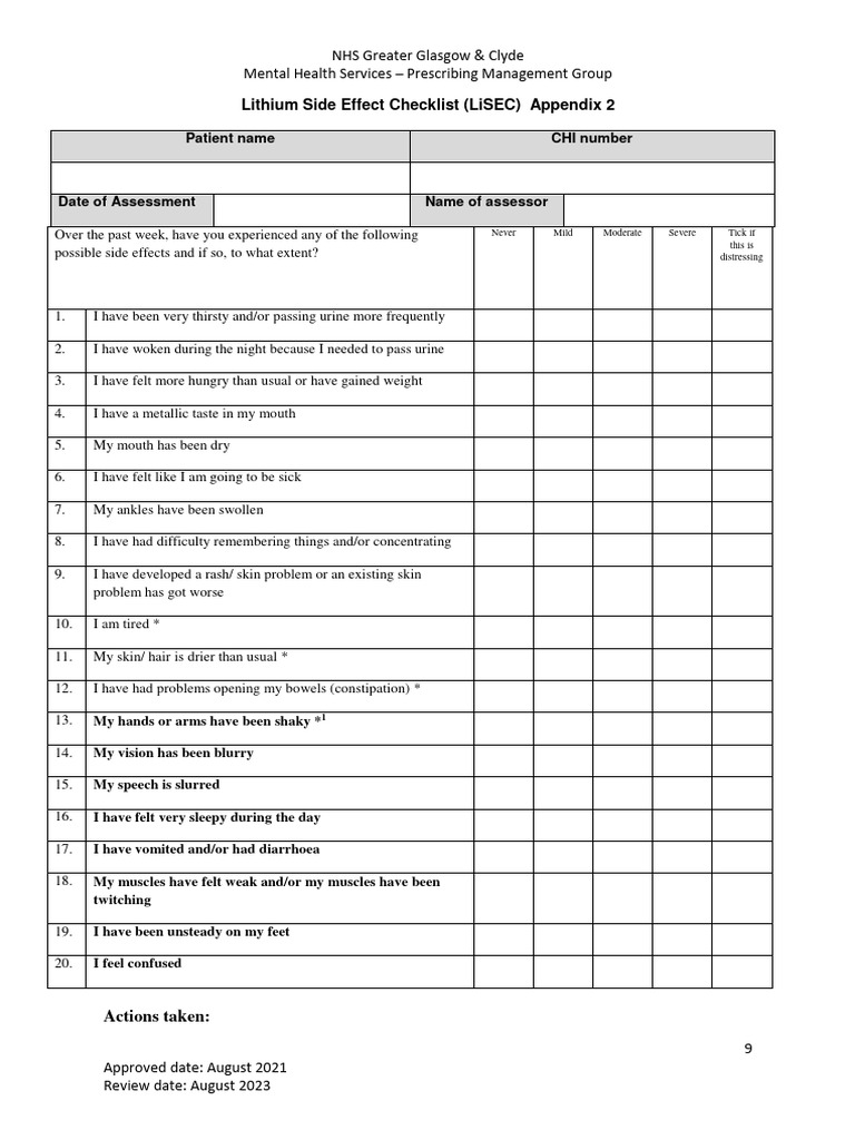 Lithium Side Effects Checklist Guide | PDF | Health Sciences | Clinical ...