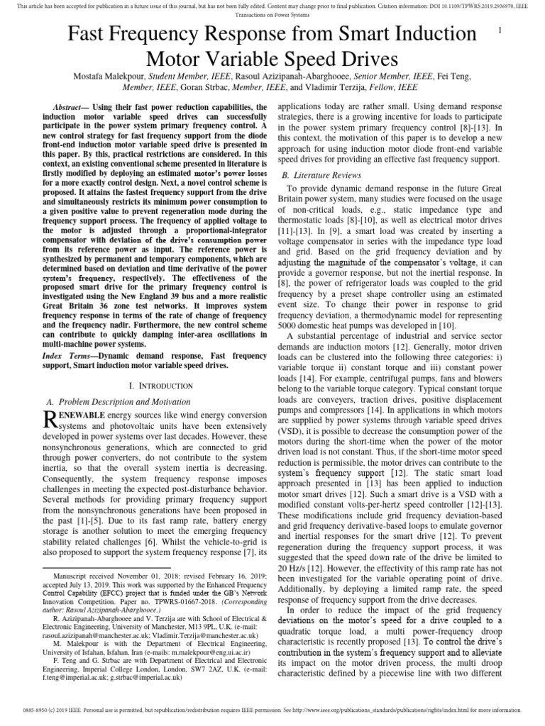 Fast Frequency Response From Smart Induction Motor Variable Speed Drives | PDF | Electric Motor ...