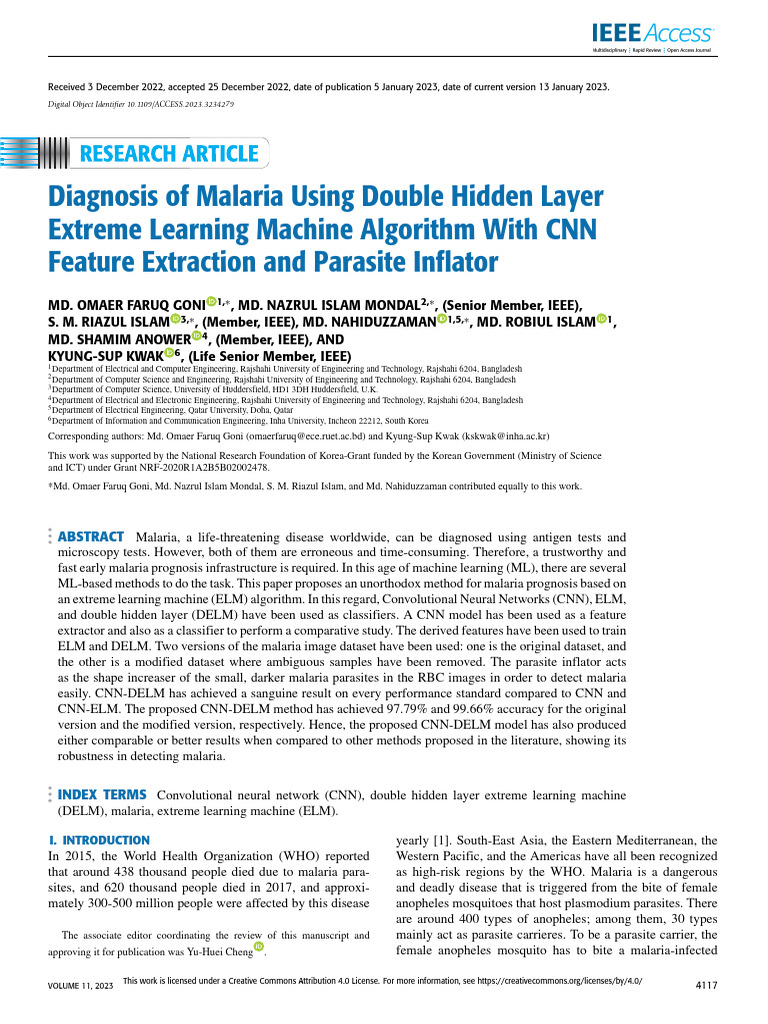 Diagnosis of Malaria Using Double Hidden Layer Extreme Learning Machine Algorithm With CNN ...