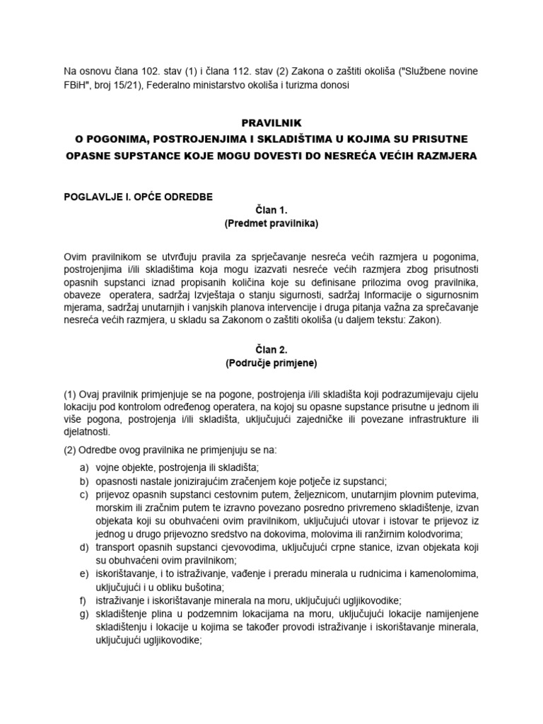 Pravilnik o Pogonima Postrojenjima I Skladištima U Kojima Su Prisutne Opasne Supstance Koje Mogu ...