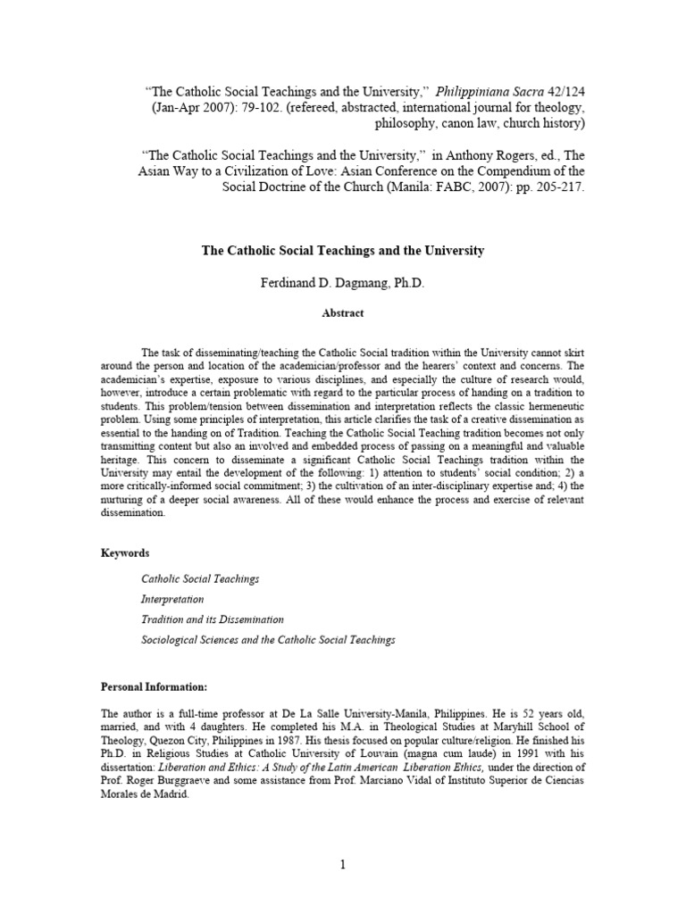 PhilSacra - Catholic Social Teachings and The University | PDF ...