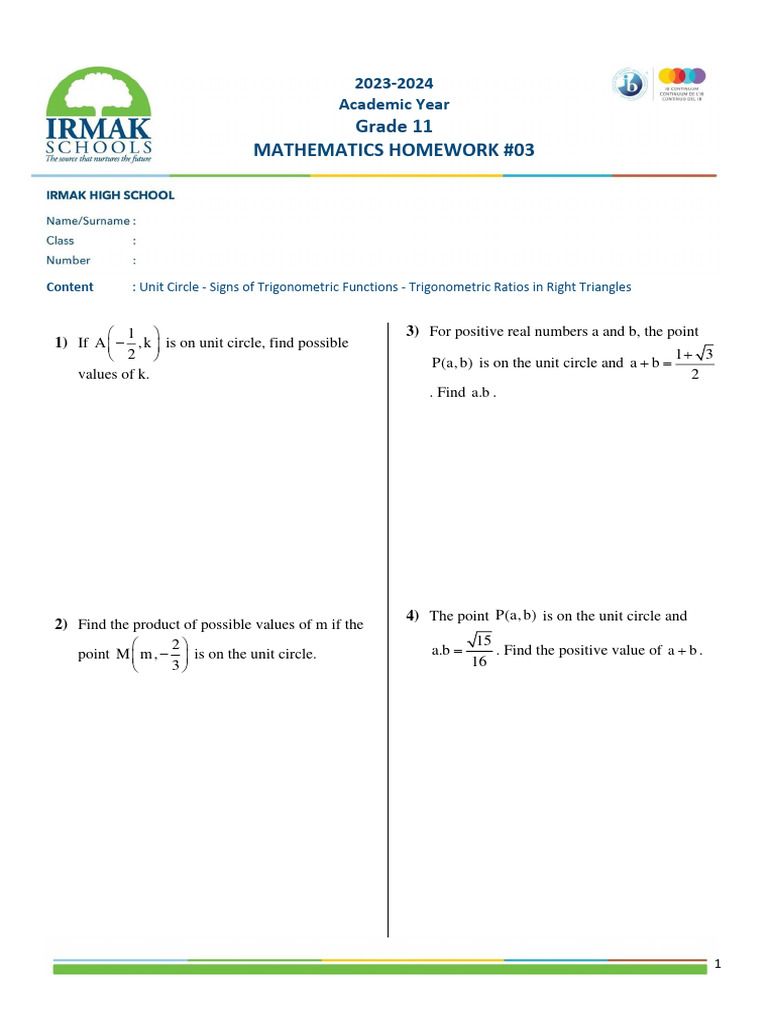 HOMEWORK #03 - Unit Circle - Trigonometric Ratios in Right Triangle ...