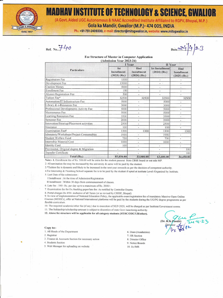 Dispatch No. 740 Dated 24.04.2023 - Fee Structure of Master in Computer Application MCA ...