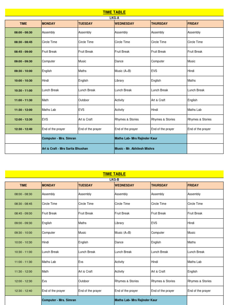 Time Table Lkg-Ukg 22-23 | PDF
