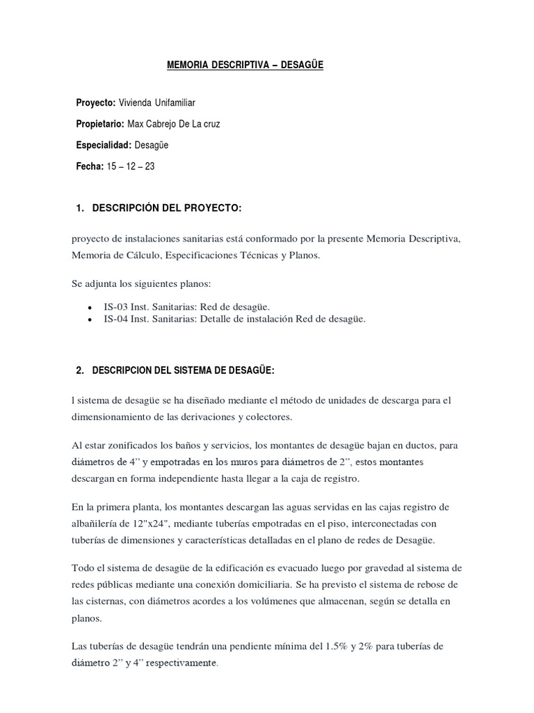 MEMORIA DESCRIPTIVA DEAGUe. | PDF | Colector de aguas pluviales ...